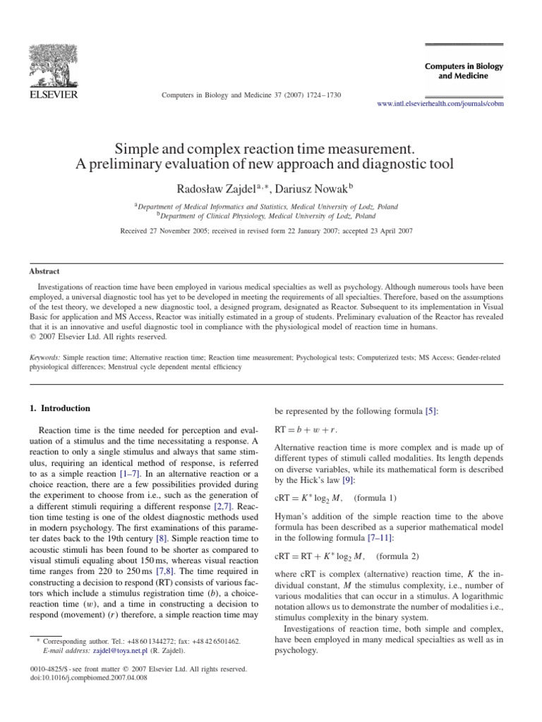 Simple and Complex Reaction Time Measurement.a Preliminary Evaluation of New Approach and ...