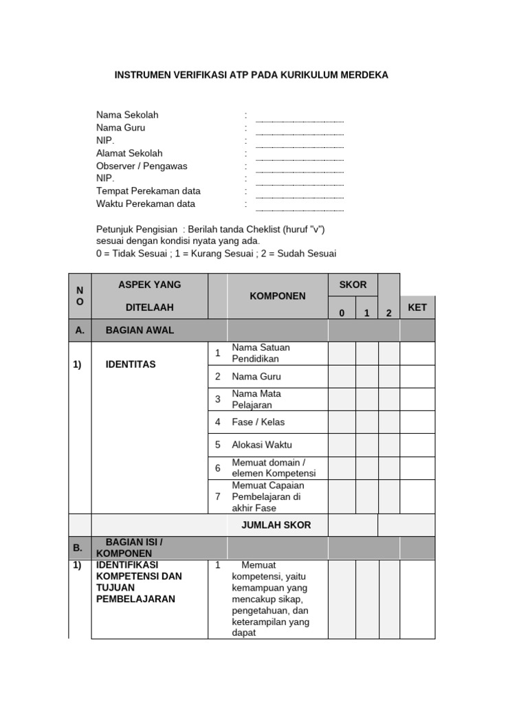 Instrumen Verifikasi Atp Pada Kurikulum Merdeka | PDF