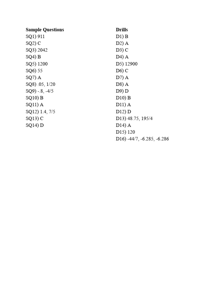 MATH D1 Answer Key | PDF