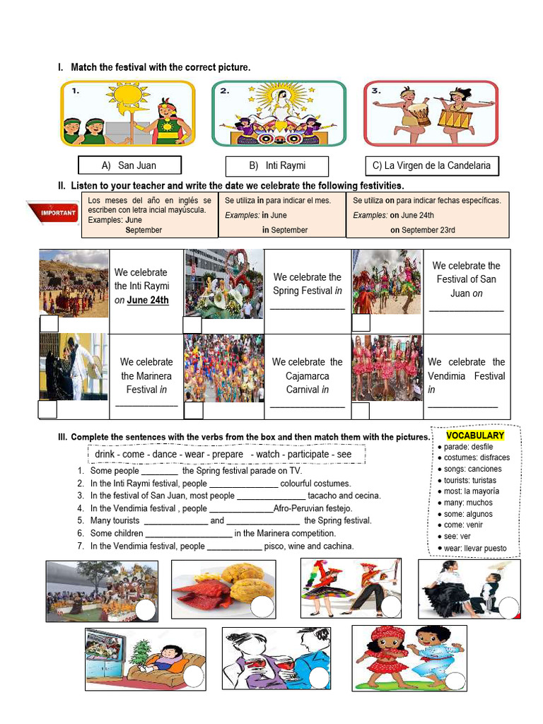 4th Unit 4 Worksheet 2 Let's Celebrate Festivals in Peru | PDF