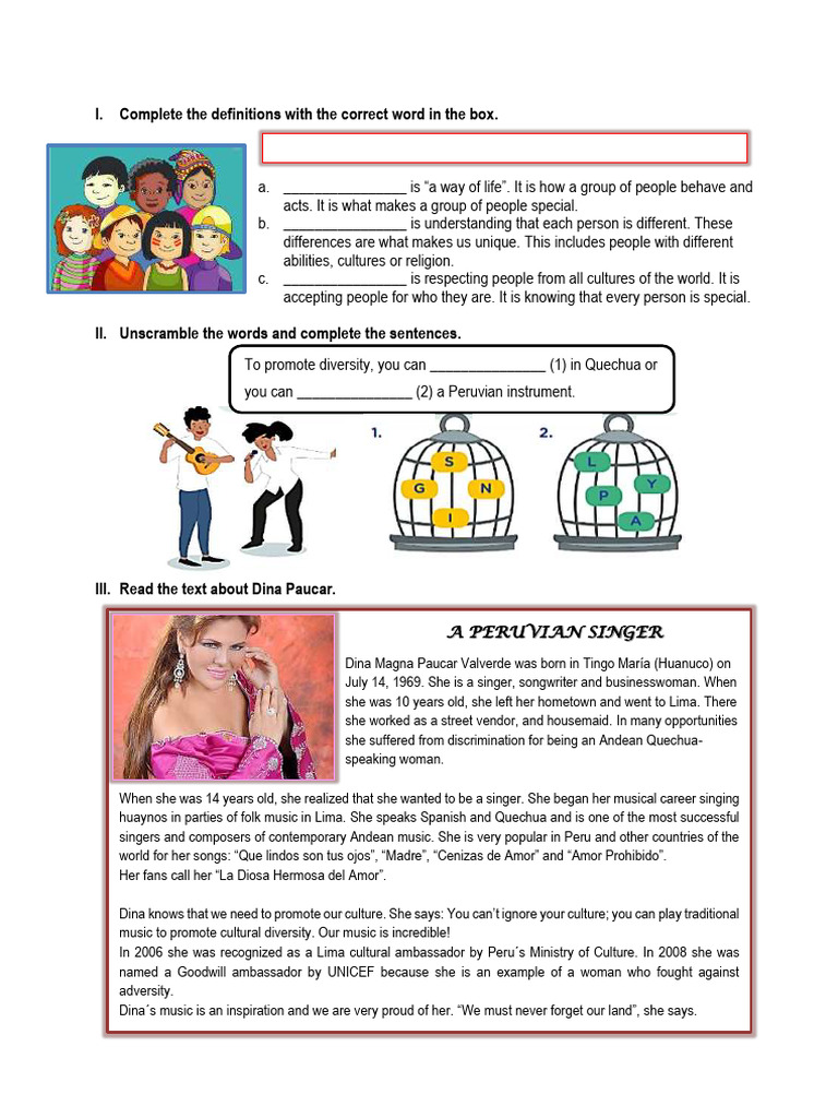 4th Unit 4 Worksheet 04 People Who Promote Cultural Diversity | PDF