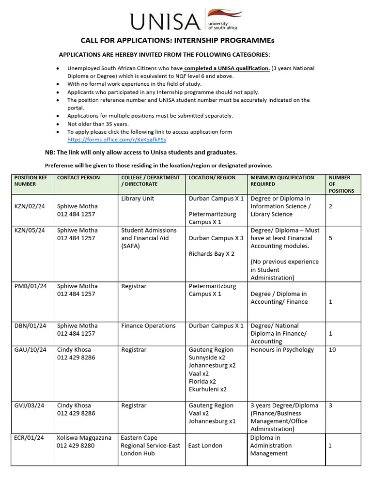 UNISA Internship Applications Open Now | PDF