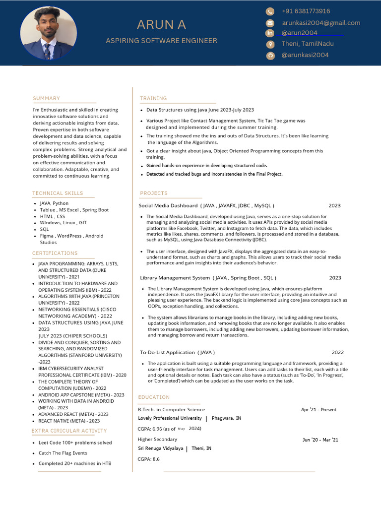 Arun A: Aspiring Software Engineer | PDF