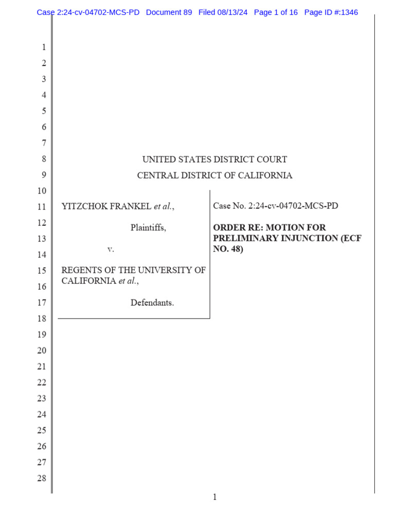 Frankel V Ucla Injunction | PDF | Standing (Law) | Free Exercise Clause