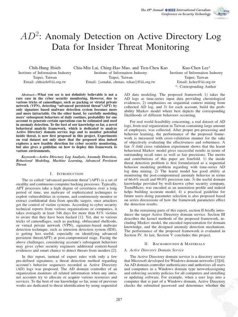 Anomaly Detection On Active Directory Log Data For Insider Threat Monitoring | PDF | Markov ...