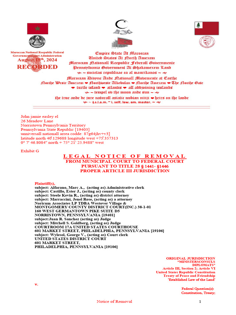 Legal Notice of Removal: From Municipal Court To Federal Court Pursuant ...