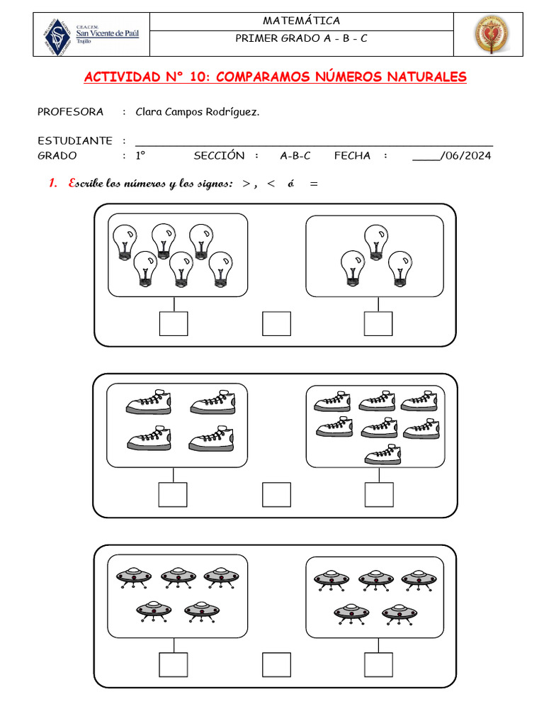 Actividad N 10 Mat - Comparacion de Numeros - Primer Grado | PDF