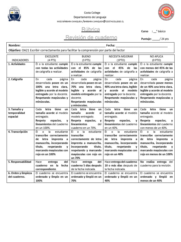 Rúbrica Revisión de Cuadernos 2do, 3ro | PDF