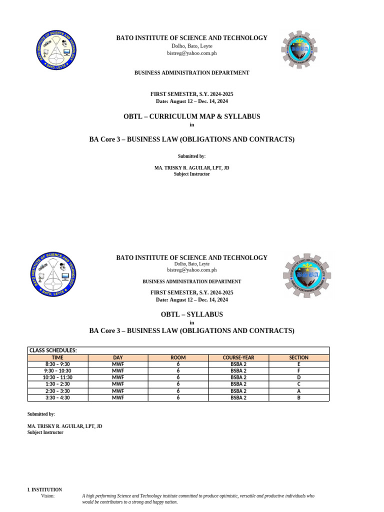 Aguilar - Bsba Syllabus Format 2023 2024 | PDF