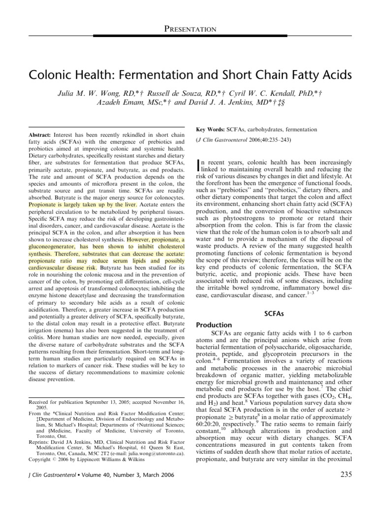 Colonic Health Fermentation and Short Chain Fatty Acids | PDF