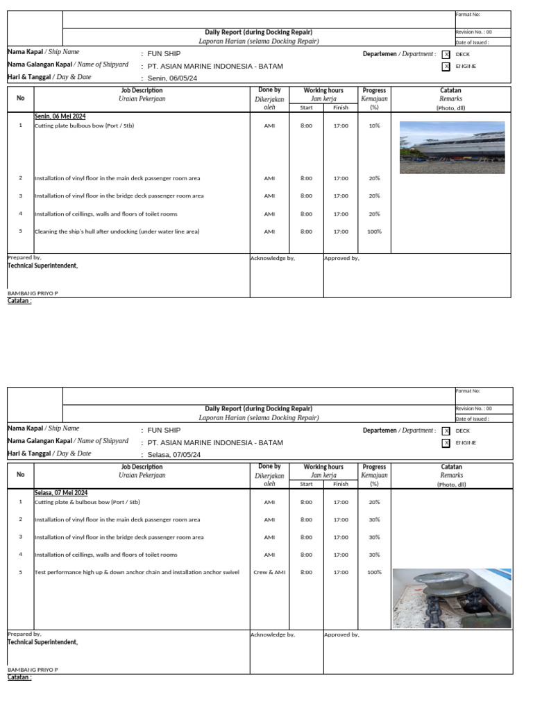 Daily Report Progress Fun Ship 06 - 17 Mei 24 | PDF