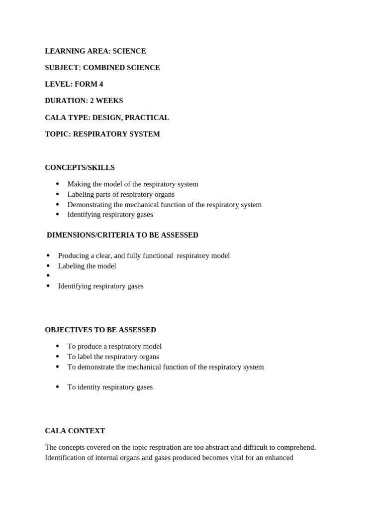 COMBINED SCIENCE - CALA (Respiratory System) | PDF