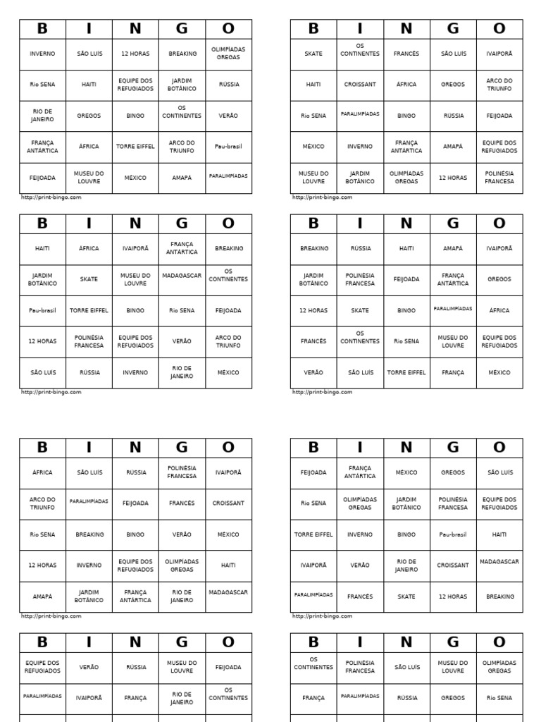 Cartelas Do Bingo - Olimpiadas Paris | PDF