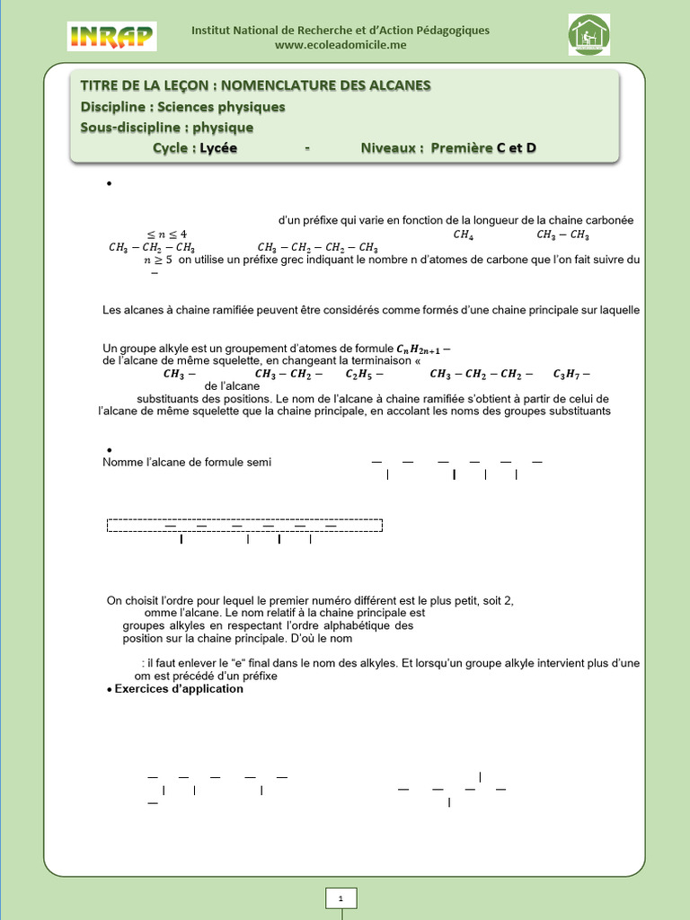 CHIMIE - 1re CD - NOMENCLATURE DES ALCANES | PDF