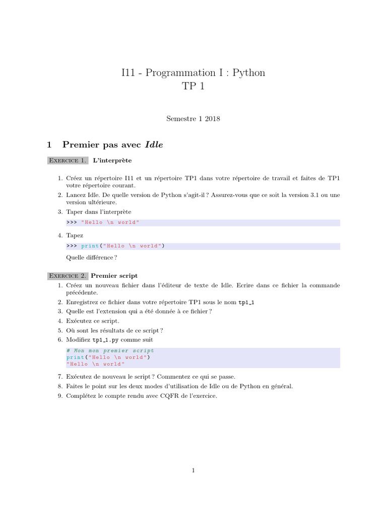 I11 - Programmation I: Python TP1: 1 Premier Pas Avec Idle | PDF