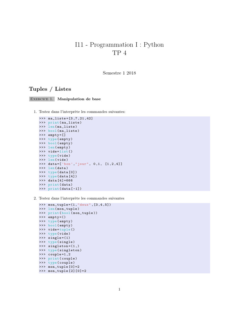 I11 - Programmation I: Python TP4: Tuples / Listes | PDF