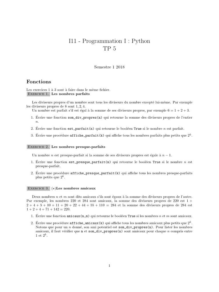 I11 - Programmation I: Python TP5: Fonctions | PDF