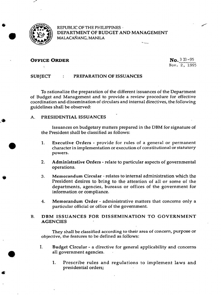 DBM Preparation of Issuances - OFFICE ORDER NO.333-95, S.1995 | PDF