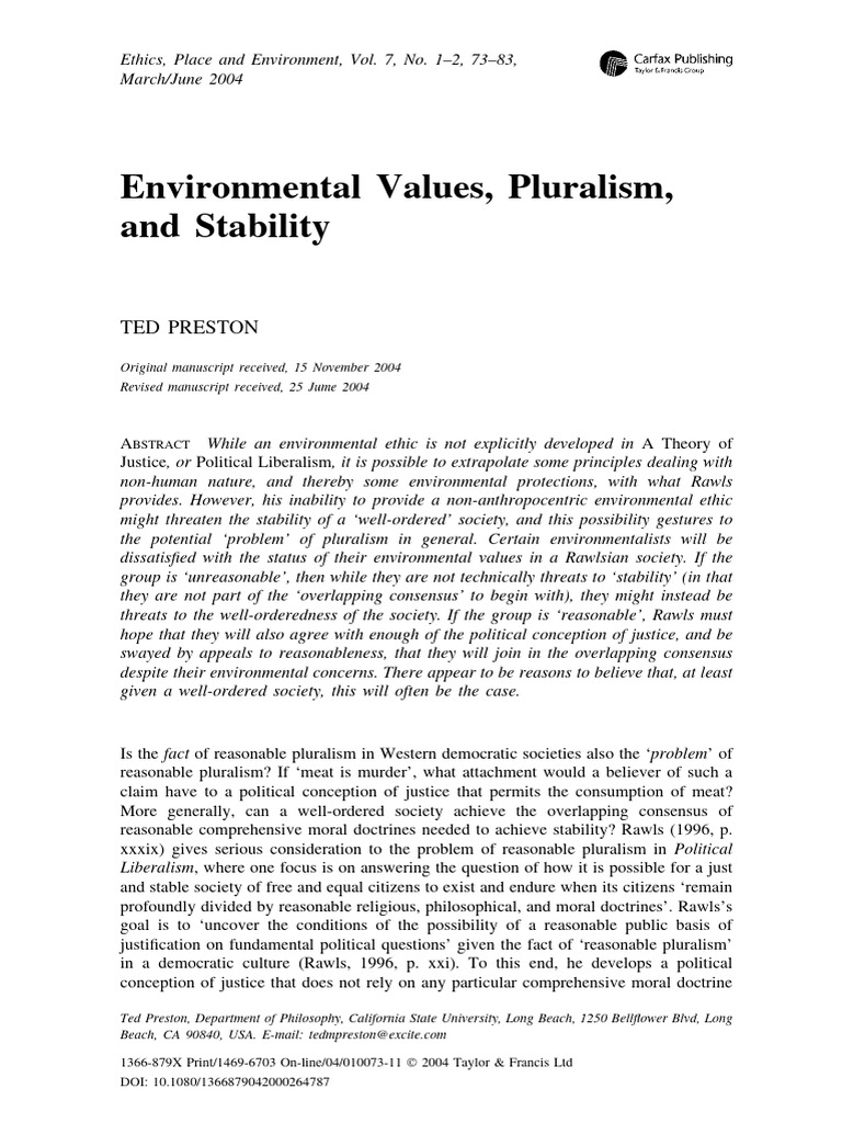Environmental Values, Pluralism, and Stability. Preston 2004 | PDF