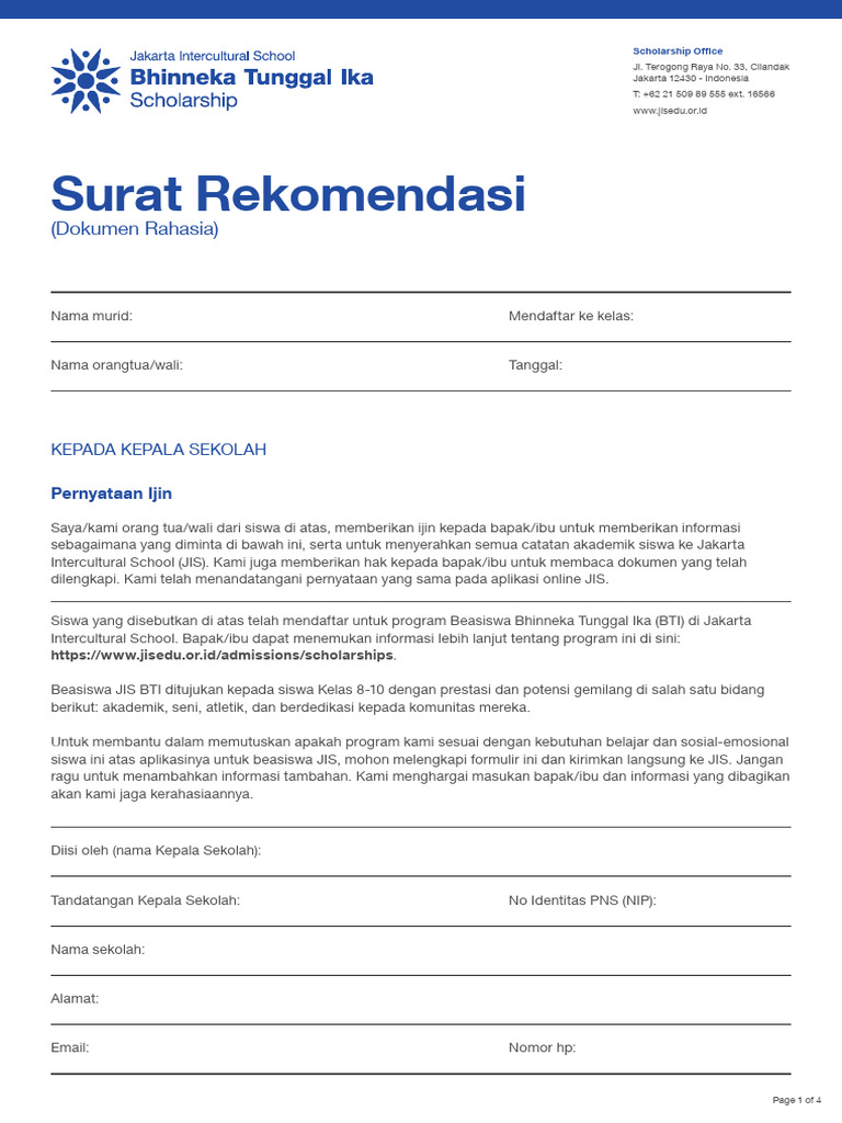 JIS BTI Principal's Recommendation Form | PDF
