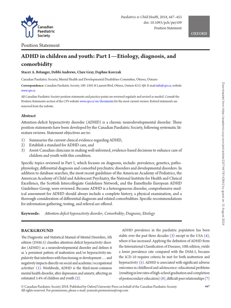 ADHD in Children and Youth Part 1-Etiology, Diagnosis, and Comorbidity ...