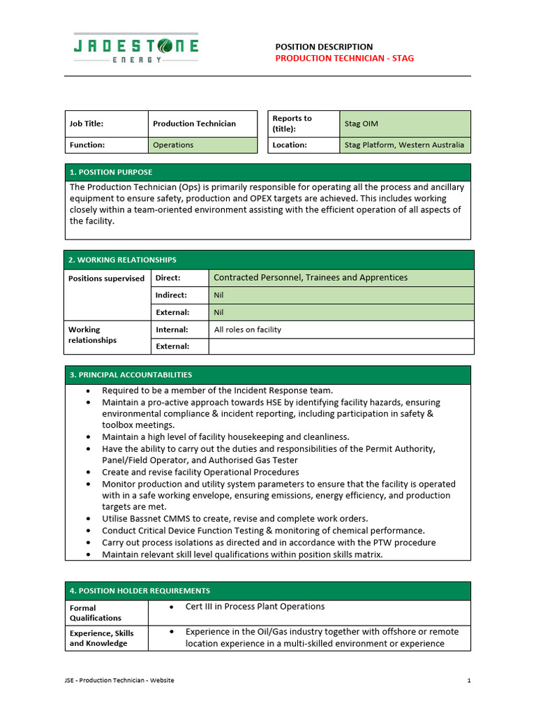 Job-Description-Production-Technician-Stag-Offshore-Australia | PDF
