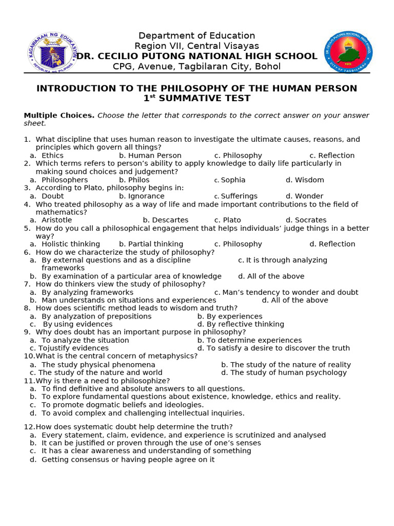 Philosophy of the Human Person Test | PDF | Truth | Science & Mathematics