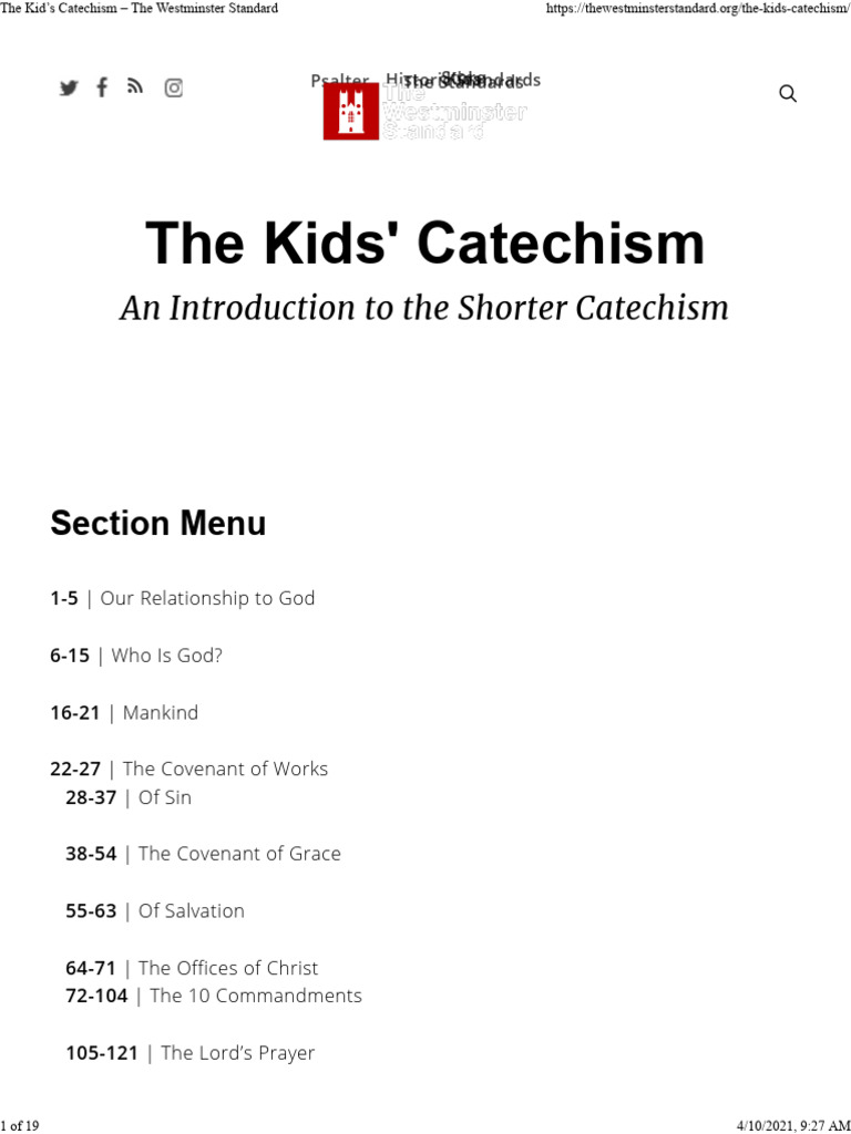 The Kid's Catechism - The Westminster Standard | PDF