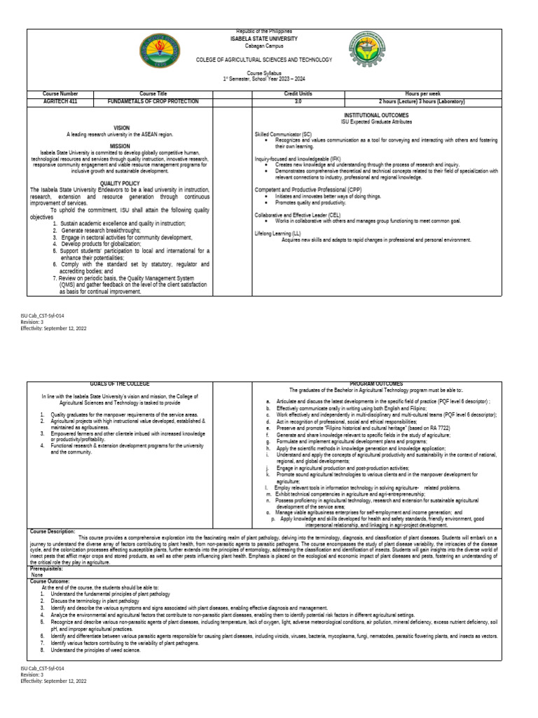 AGRITECH 411 Syllabus Fundamentals of Crop Protection | PDF