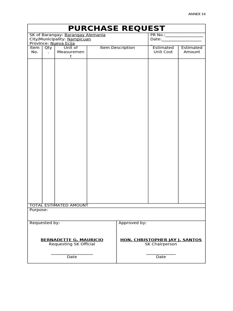 Annex 14 Purchase Request | PDF