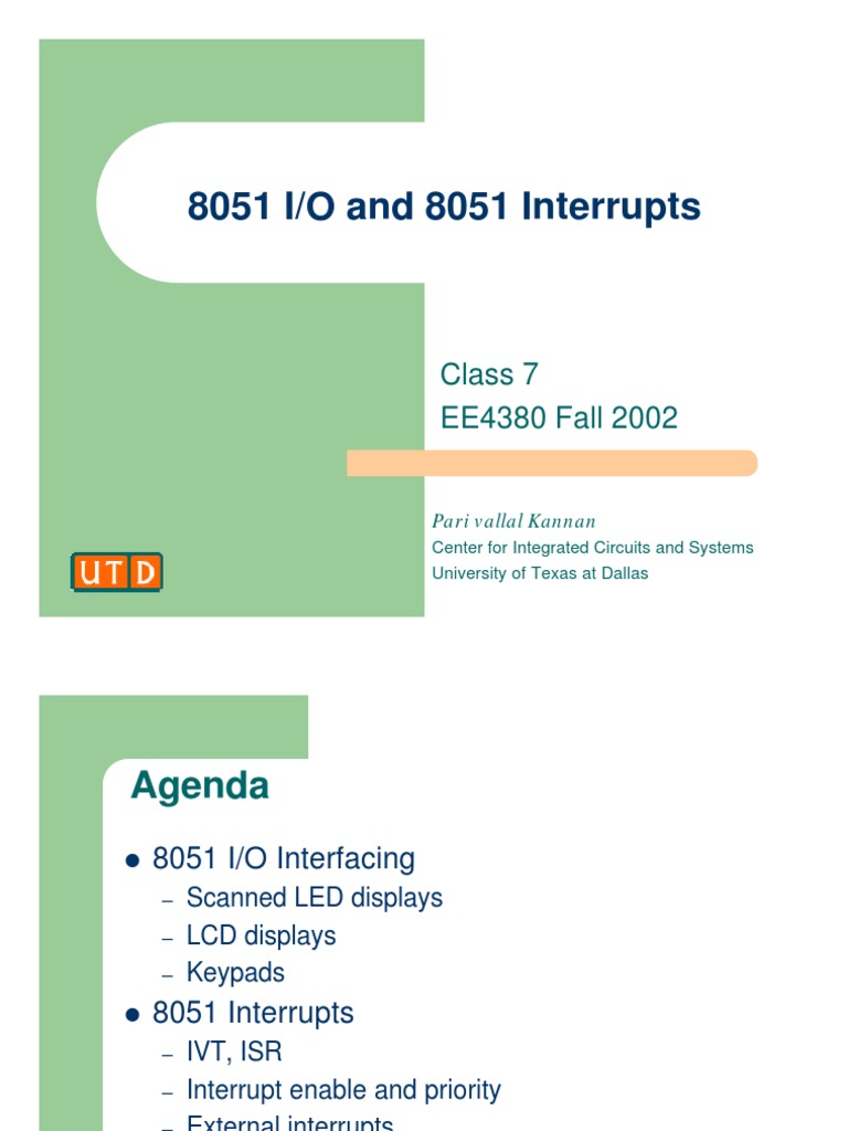 8051 I/O and 8051 Interrupts: Class 7 EE4380 Fall 2002 | PDF | Central Processing Unit | Subroutine