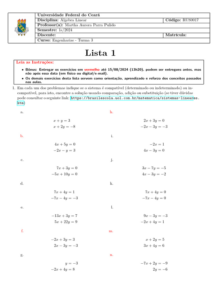 Lista 1 Ã Lgebra Linear | PDF