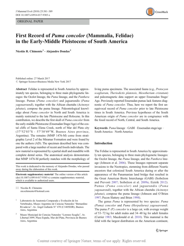 First Record of Puma Concolor (Mammalia, Felidae) in The Early-Middle ...