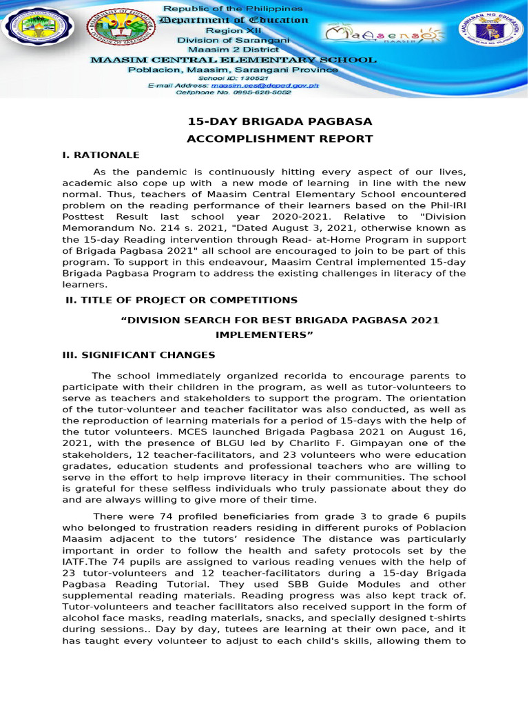 Brigada Pagbasa Accomplishment Report | PDF | Literacy | Teachers