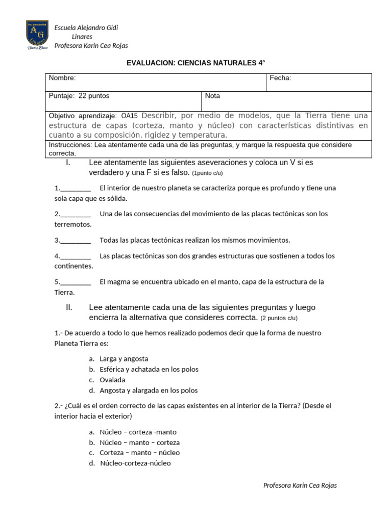 Evaluacion Ciencias 4deg Las Capas de La Tierra | PDF