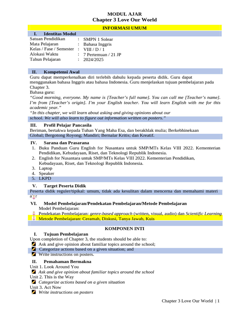 Modul Ajar Bahasa Inggris Fase D Kelas 8 Chapter 3 | PDF