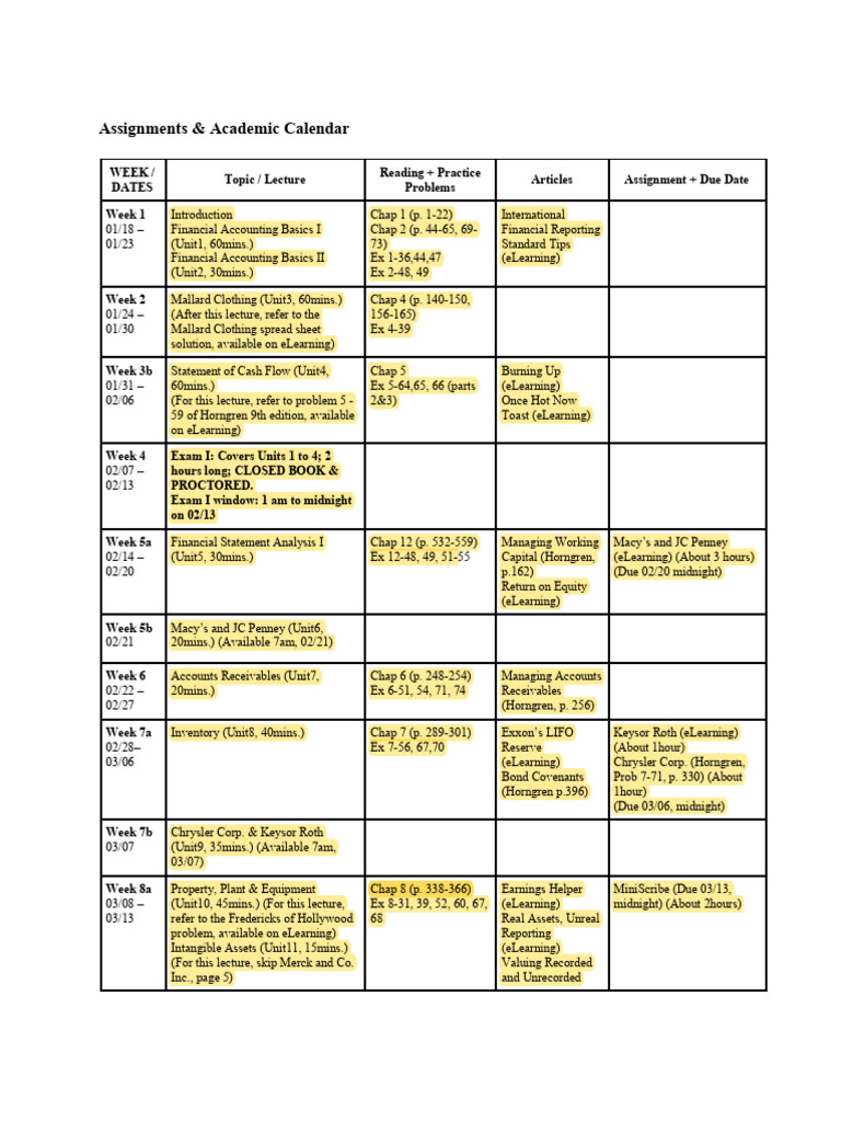 Assignments & Academic Calendar | PDF