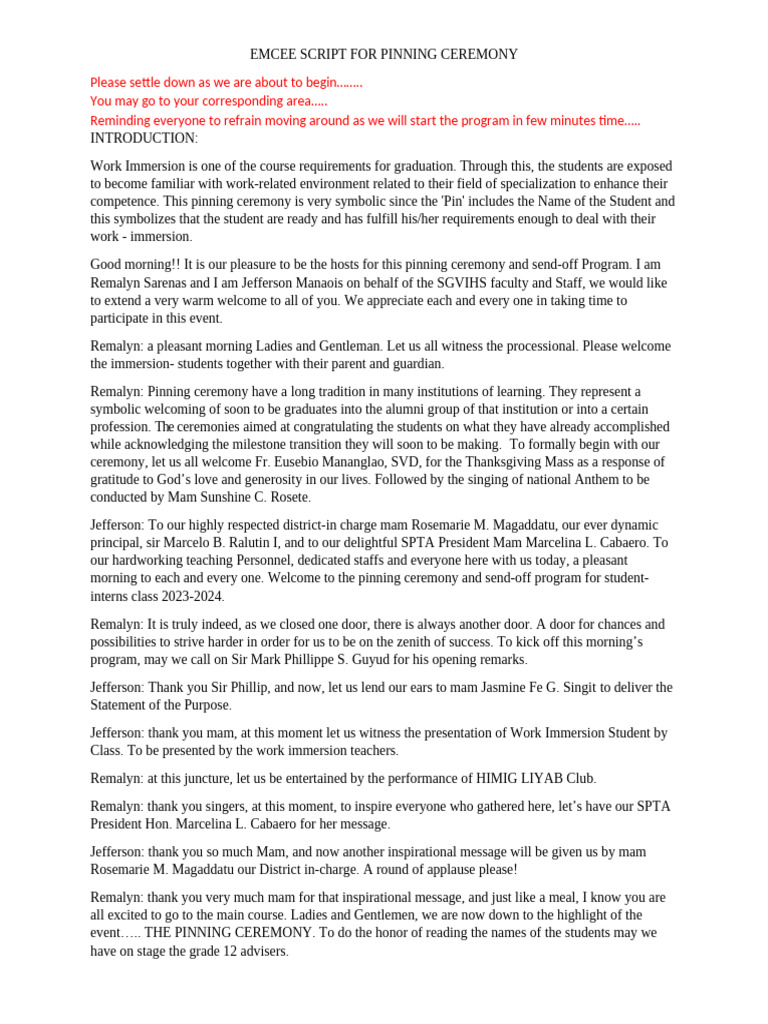Emcee Script For Pinning Ceremony | PDF