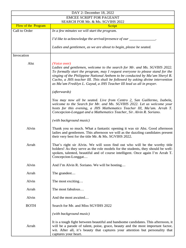 Emcee Script For Pageant | PDF