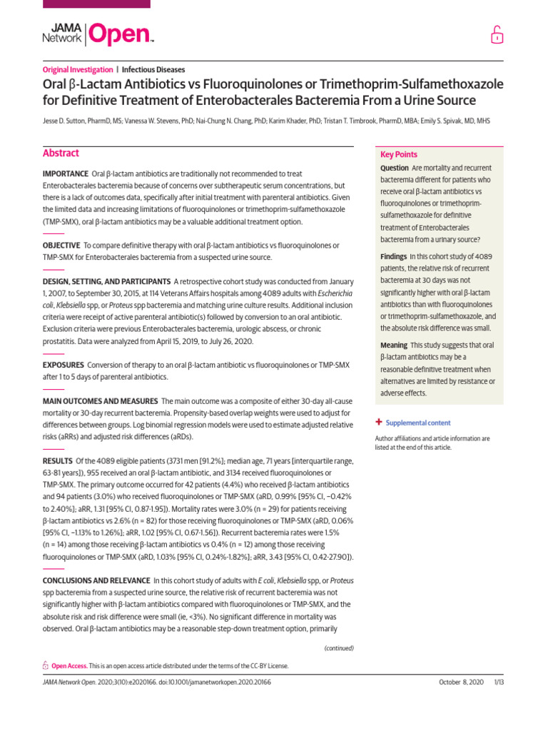 Oral β-Lactam Antibiotics vs Fluoroquinolones or Trimethoprim-Sulfamethoxazole for Definitive ...