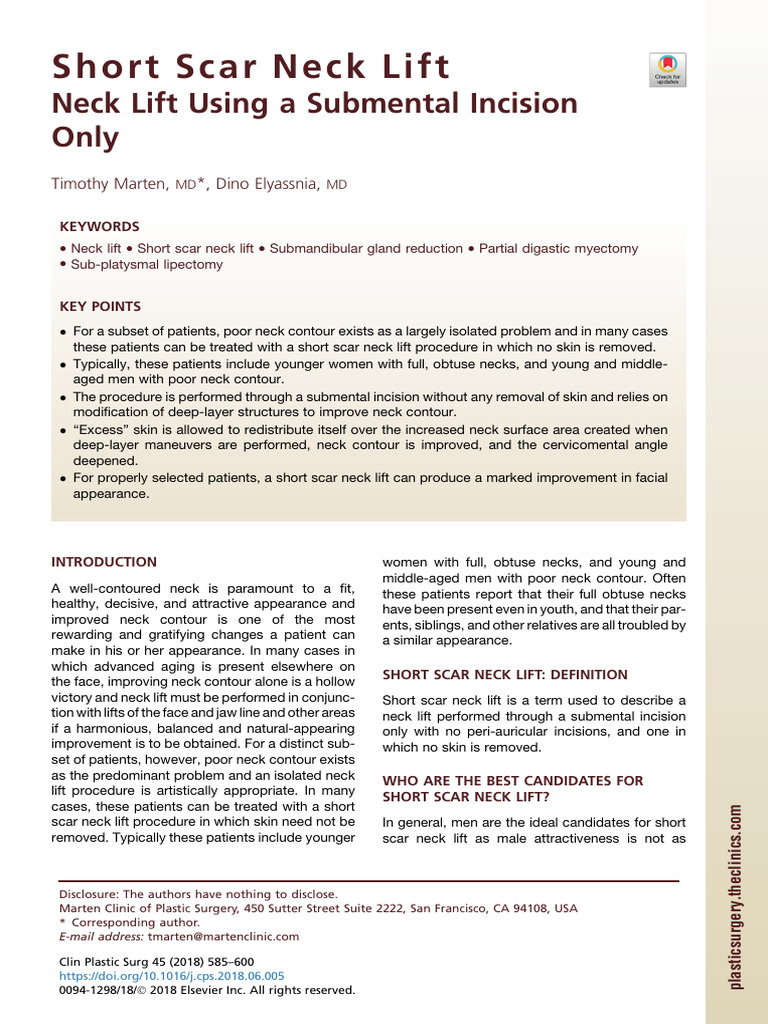 Short Scar Neck Lift - Submental Incision Onlu - Timothy Marten | PDF