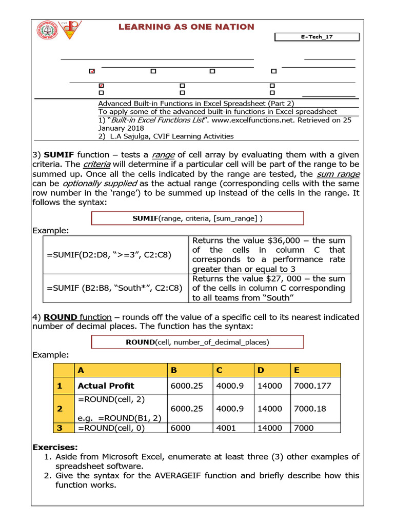 ETech LAS 17 Advanced Built-In Functions in Excel Spreadsheet (Part 2 ...