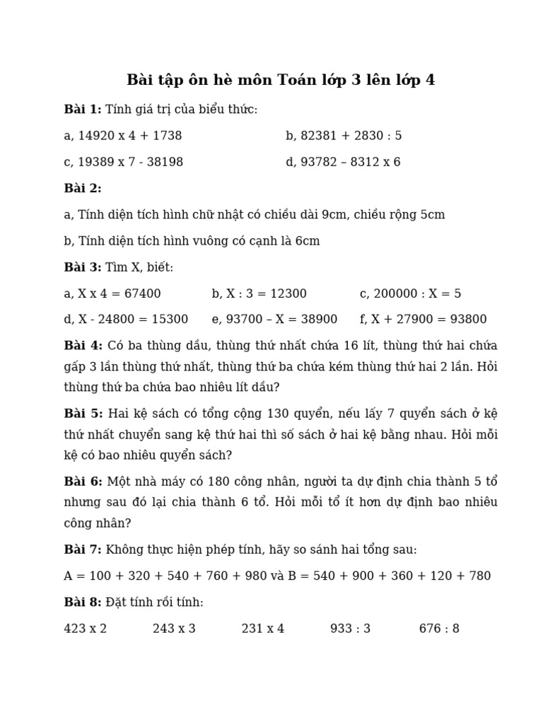 Bai Tap On He Mon Toan Lop 3 Len Lop 4 | PDF