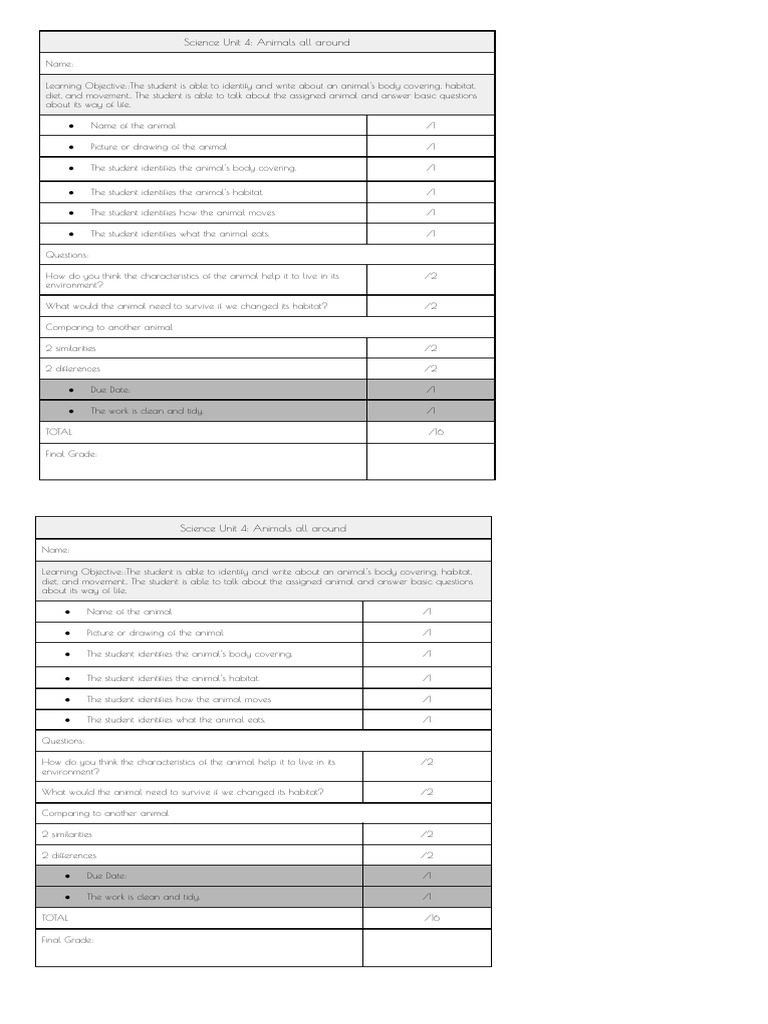 Rubric - Animals All Around | PDF | Nature | Home & Garden