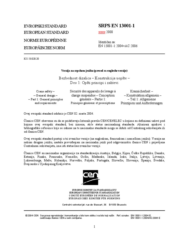 SRPS en 13001-1 - en 13001 - 1 - 2004 | PDF