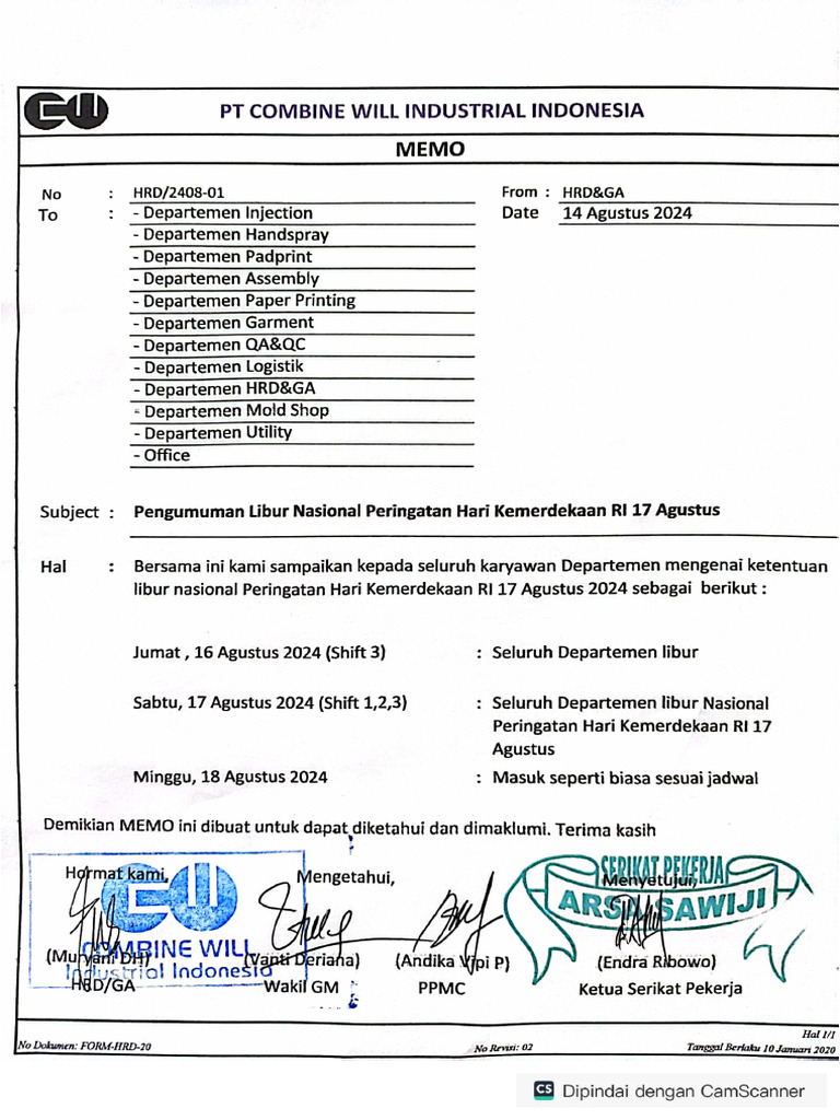 Memo Libur Nasional Peringatan Hari Kemerdekaan 17 Agustus 2024 | PDF