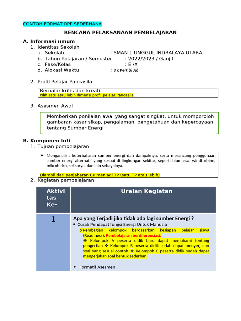 Contoh Format RPP RPP Sederhana (Kurikulum Merdeka) | PDF