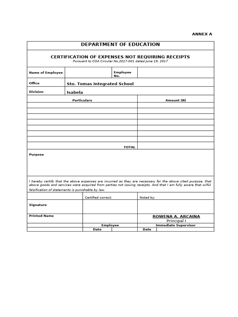 2017 COA Circular No. 2017 001 - Annex A Certification of Expenses Not Requiring Receipts | PDF