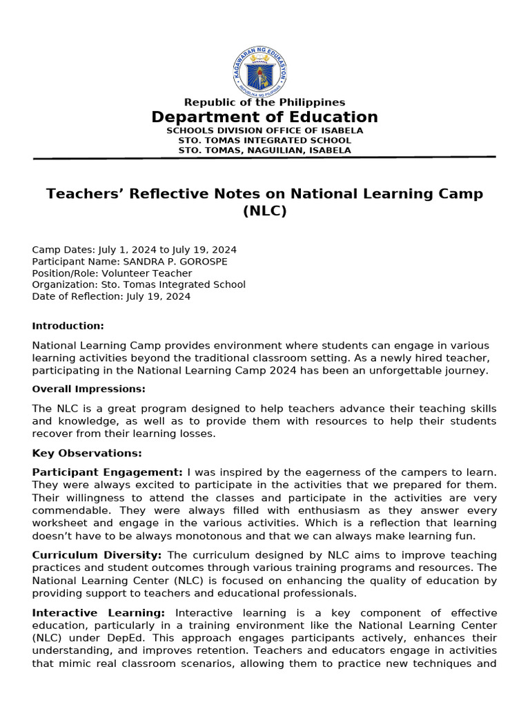 NLC Reflective Notes 2024 | PDF