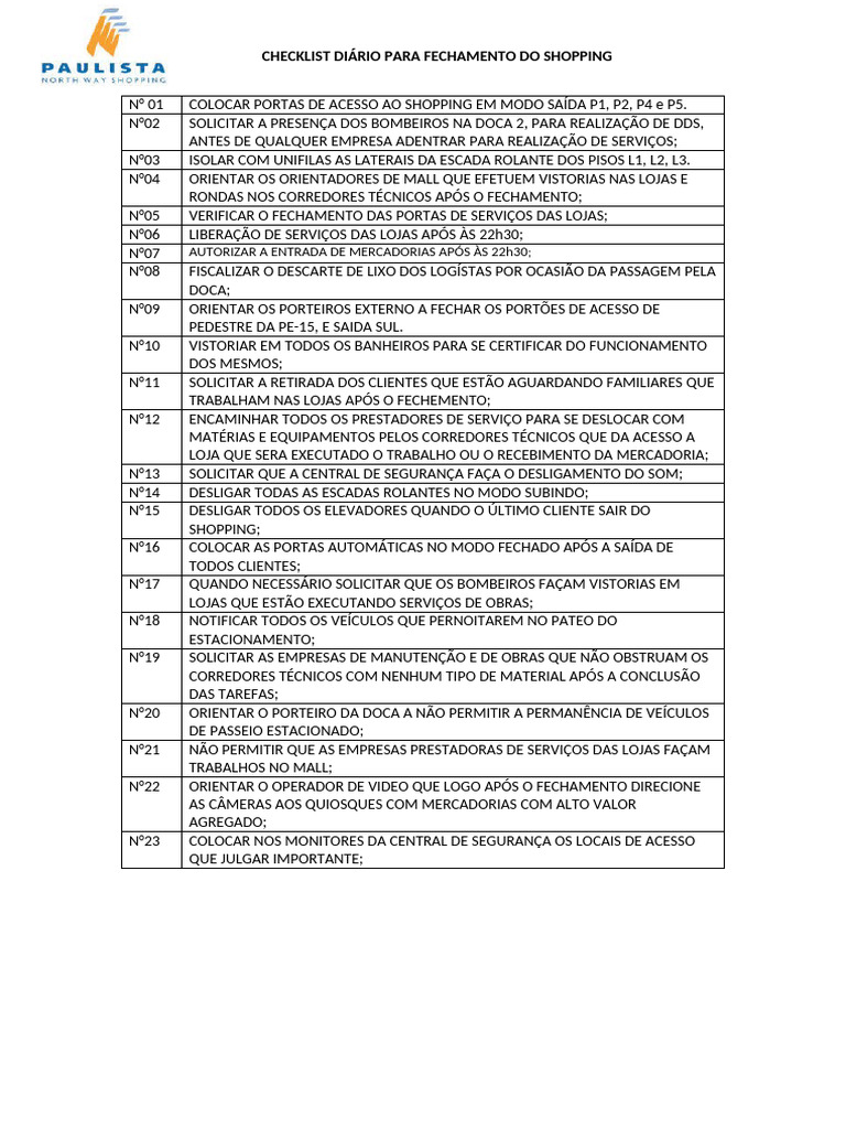 Checklist de Fechamento | PDF